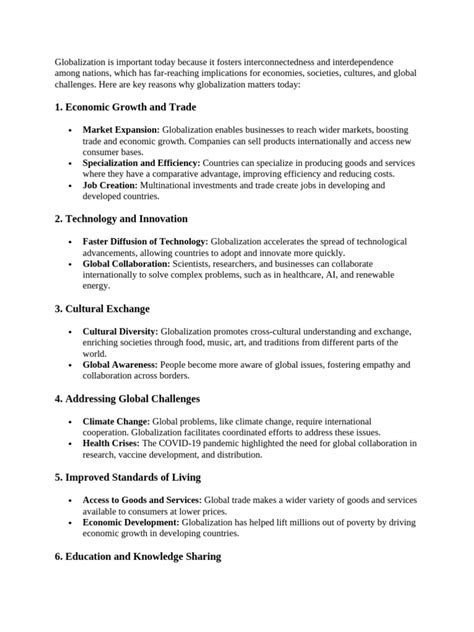 Globalization Is Important Today Because It Fosters Interconnectedness And Interdependence Among