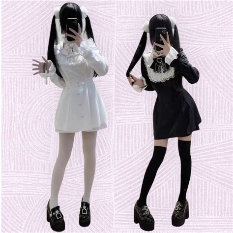 블랙 앤 화이트 하트 리본 브로치 레이스 양산형 지뢰계 셋업 세트 원피스 투피스 에이블리