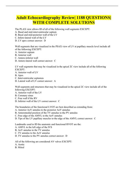 Adult Echocardiography Review 1188 QUESTIONS WITH COMPLETE SOLUTIONS Echocardiography