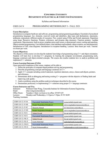 Coen 243 N Course Outline Concordia University Department Of