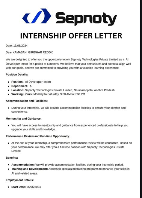 giridhar reddy on linkedin intern position as a ai developer in sepnoty