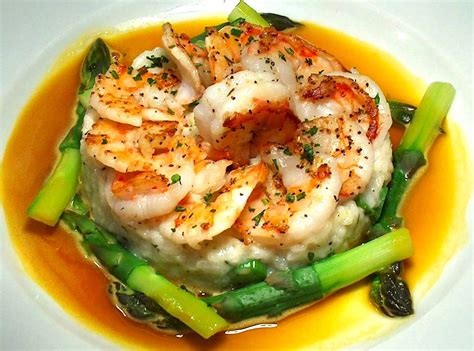 Gourmet Food Plating Idea Shrimp And Asparagus On A White Plate
