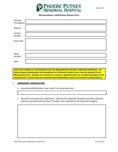 Irb Amendment Modification Request Form Principal Investigator