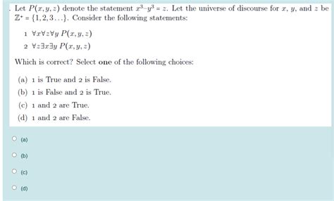 solved let p x y z denote the statement 23 y3 z let