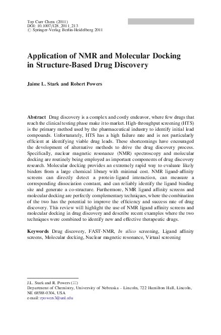Pdf Application Of Nmr And Molecular Docking In Structure Based Drug Discovery