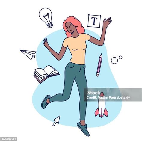 창조적 인 직업 개념 여성 디자이너 일러스트레이터 또는 프리랜서 노동자는 창조적 인 과정에 몰입 플랫 벡터 그림입니다 개념에 대한 스톡 벡터 아트 및 기타 이미지 Istock