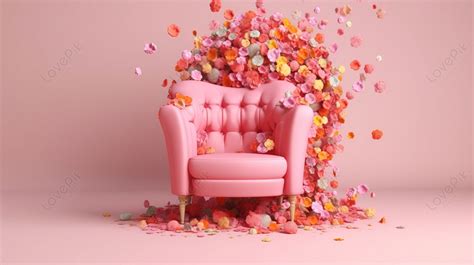 화려한 꽃으로 장식된 3d 렌더링된 분홍색 안락의자가 있는 파스텔 핑크색 배경 화려 배경 홍색 배경 포스터 프레임 배경