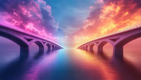 Surreal Vibrant Bridges Diverging Over A Reflective Lake At Sunset