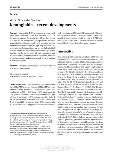 Pdf Neuroglobin Recent Developments