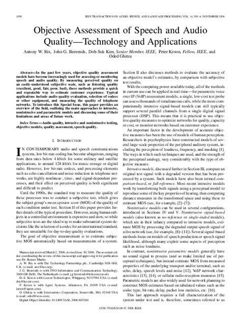 Pdf Objective Assessment Of Speech And Audio Qualityand 8212