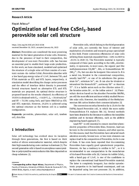 Pdf Optimization Of Lead Free Cssni 3 Based Perovskite Solar Cell