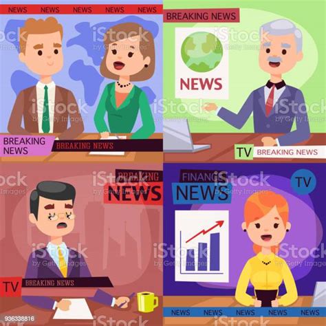 벡터 그림 앵커 뉴스와 Tv 화면 레이아웃 Pofessional 인터뷰 사람들이 Tv 스튜디오 뉴스 속보 뉴스 앵커에서에서 속보 통신 방송된 캐스터 앵커 기자 뉴스 캐스터에