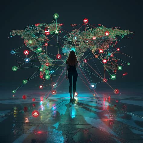 다양한 소셜 미디어 플랫폼을 나타내는 인터랙티브 아이콘과 함께 세계 지도의 3d 렌더링 사진 프리미엄 사진