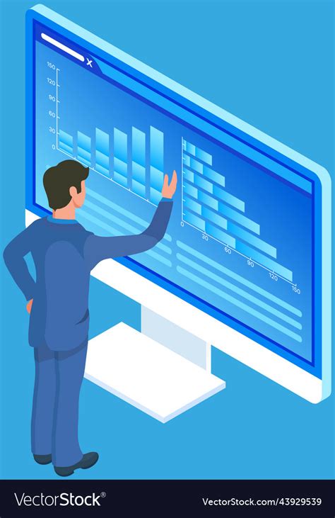 Man Analyses Digital Report With Data Statistical Vector Image