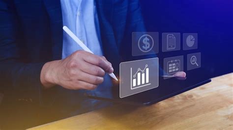 디지털 화면 인터페이스의 차트 및 그래프 아이콘이 있는 빅 데이터 분석 및 비즈니스 인텔리전스 Bi 개념 및 백그라운드에서