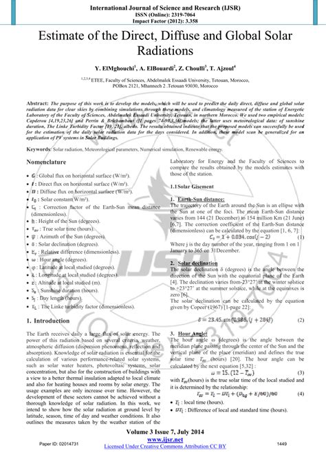PDF Estimate Of The Direct Diffuse And Global Solar Radiations