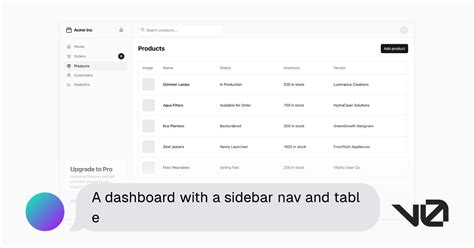 a dashboard with a sidebar nav and table a shadcn ui and v0