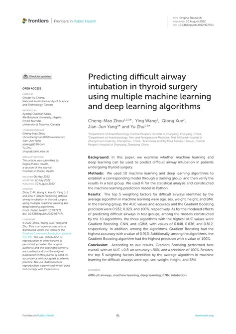 Pdf Predicting Difficult Airway Intubation In Thyroid Surgery Using Multiple Machine Learning
