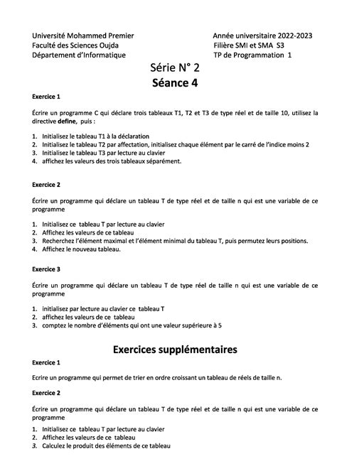 Série 2 Programmation C Smi S3 Sciences Mathématiques Et Informatique