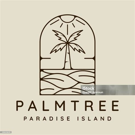 야자수와 바다 파도 라인 아트 로고 벡터 간단한 미니멀리스트 일러스트 템플릿 아이콘 그래픽 디자인 코코넛 나무와 바다 파도 태양 기호 또는 배지를 가진 여행사에 대 한 기호