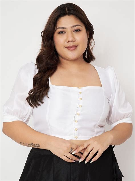Buy Studio Rasa Puff Sleeve Button Down Plus Size Crop Top Tops For