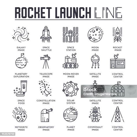 로켓 개요 아이콘 컬렉션 집합입니다 산업 선형 기호 팩입니다 얇은 선 아이콘 로고 기호 그림 및 평면 일러스트 개념의 현대 서식 파일 Ship Launch에 대한 스톡 벡터