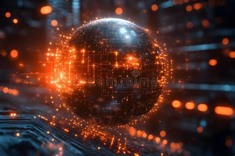 Futuristic Digital Sphere With Glowing Orange And Blue Circuitry For Technology Concept Design