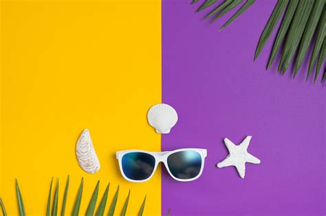 여름 개체 선글라스 하늘 집합이 반영 선명한 노란색 보라색 배경에 스타 물고기 포탄 및 종 려 잎 휴일 휴가 배경 막 제품 또는 콘텐츠 디자인의 디스플레이 대 한 공간을