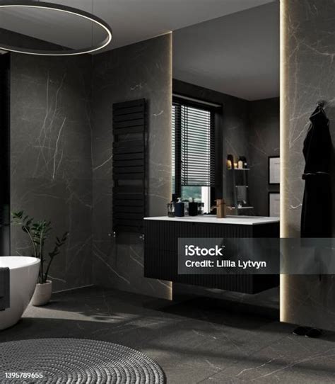검은 색 가구가있는 현대적인 회색 욕실 인테리어 거울이있는 욕조 및 싱크대 3d 렌더링 화장실 건축물에 대한 스톡 사진 및 기타 이미지 화장실 건축물 검은색 욕조