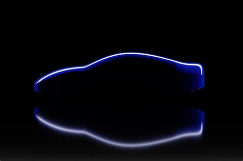 검정색 배경에 반사가 있는 파란색 경주용 자동차의 윤곽에 대한 3d 그림 프리미엄 사진