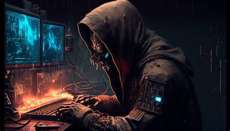 Premium Photo Hooded Hacker In Front Of A Computer Cyberwar Generative Ai