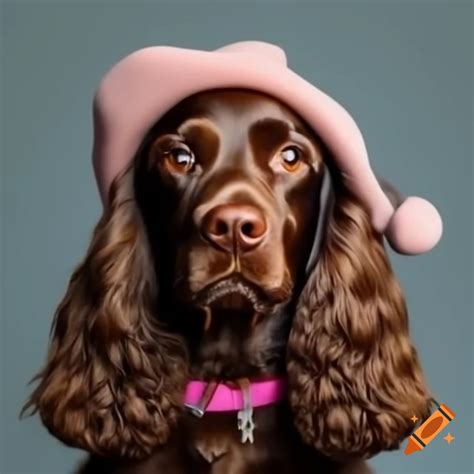 Dark Brown Cocker Spaniel Wearing A Hat And Pink Collar On Craiyon