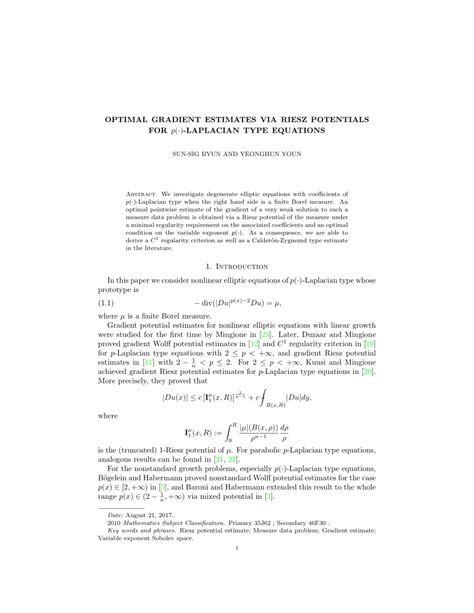 Pdf Optimal Gradient Estimates Via Riesz Potentials For P· Laplacian Type Equations