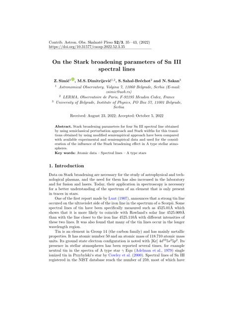 Pdf On The Stark Broadening Parameters Of Sn Iii Spectral Lines
