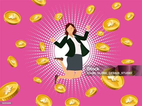 강한 엔화 금융 이미지의 평평한 삽화 동양 여성 사업가를 뛰어 넘고 통화가 폭발합니다 거래자에 대한 스톡 벡터 아트 및 기타 이미지 Istock