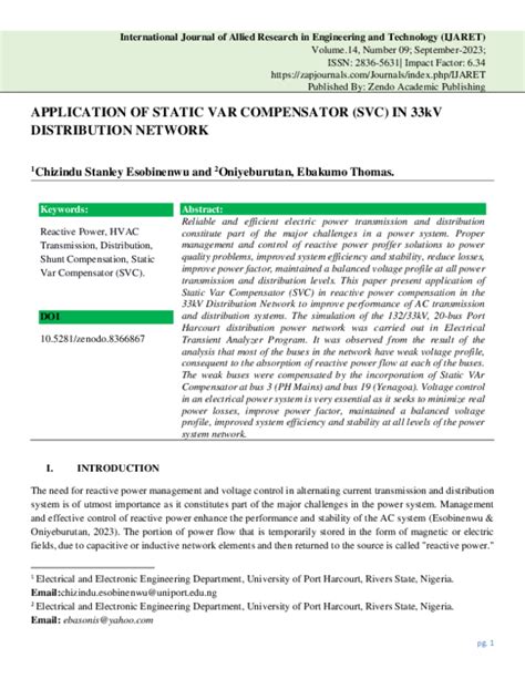 Pdf Application Of Static Var Compensator Svc In 33kv Distribution