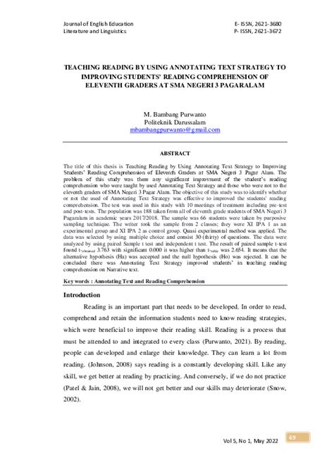 Pdf Teaching Reading By Using Annotating Text Strategy To Improving