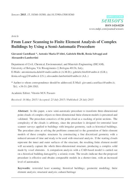 Pdf From Laser Scanning To Finite Element Analysis Of Complex Buildings By Using A Semi