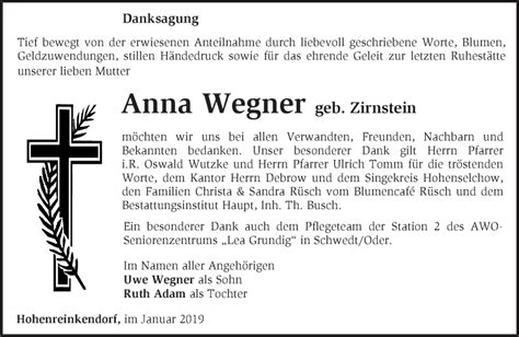 Traueranzeigen Von Anna Wegner Märkische Onlinezeitung Trauerportal
