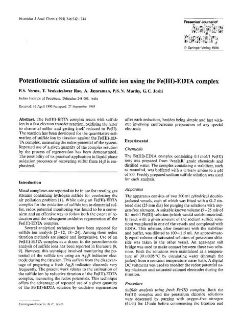 Pdf Potentiometric Estimation Of Sulfide Ion Using The Feiii Edta