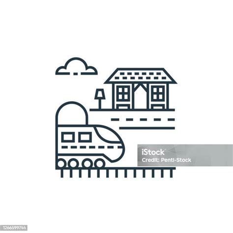 흰색 배경에 격리 된 기차역 벡터 아이콘입니다 개요 웹 사이트 디자인 및 모바일 응용 프로그램 개발을위한 얇은 라인 기차역 아이콘 얇은 노선 기차역 윤곽선 아이콘 벡터