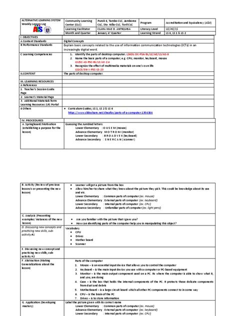 Exploring The Basic Parts And Functions Of Desktop Computers An Alternative Learning System