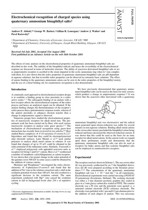 Pdf Electrochemical Recognition Of Charged Species Using Quaternary Ammonium Binaphthyl Salts