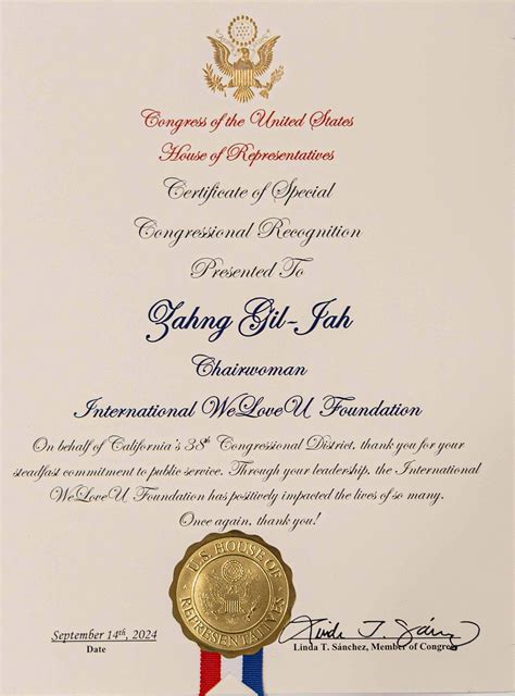 Certificate Of Special Congressional Recognition To Zahng Gil Jah