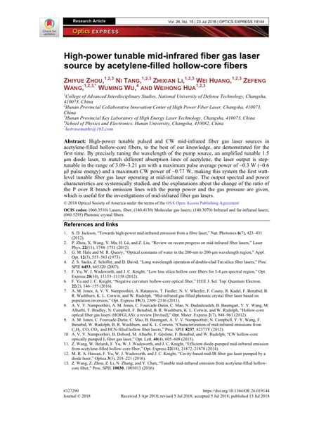 Pdf High Power Tunable Mid Infrared Fiber Gas Laser Source By
