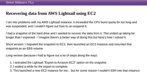 recovering data from aws lightsail using ec2 simon willison s tils