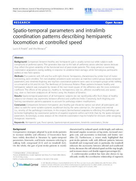 Pdf Spatio Temporal Parameters And Intralimb Coordination Patterns
