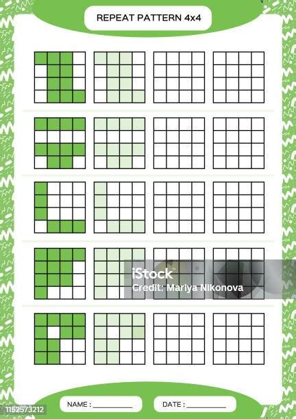 녹색 패턴을 반복 합니다 사각형이 있는 큐브 그리드 유치원 아이 들을 위한 특별 한 미세 운동 능력을 연습 하기 위한 워크 시트 기술 작업을 개선 합니다 A4 게임을 스냅