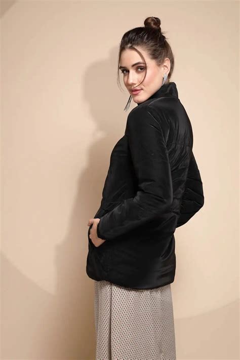 Womens Solid Turtle Neck Black Jacket