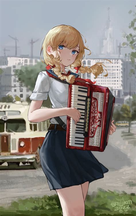 Sawkm Original Absurdres Highres 1girl Accordion Belt Blonde Hair Blue Eyes Blue Skirt